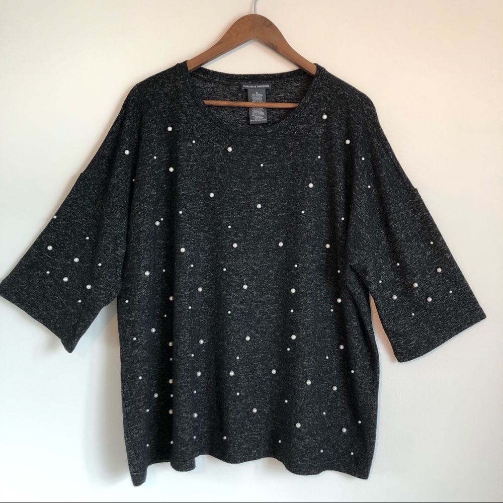 Chelsea & Theodore Grey Pearl Embellished Top, Xl - Gem